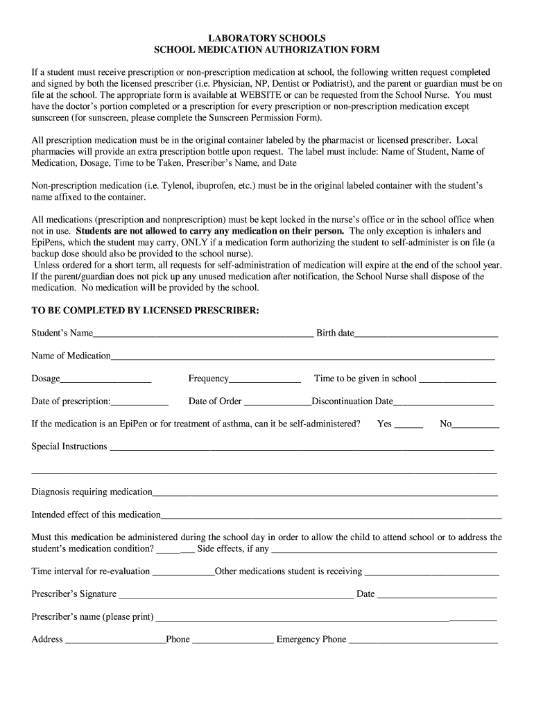 Fillable Online LABORATORY SCHOOLS SCHOOL MEDICATION AUTHORIZATION FORM ...