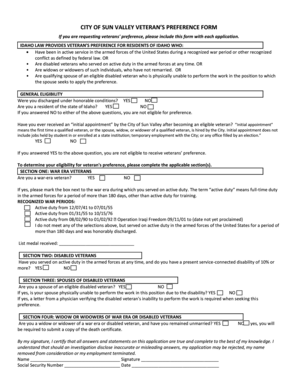 Fillable Online CITY OF SUN VALLEY VETERAN S PREFERENCE FORM Fax Email ...