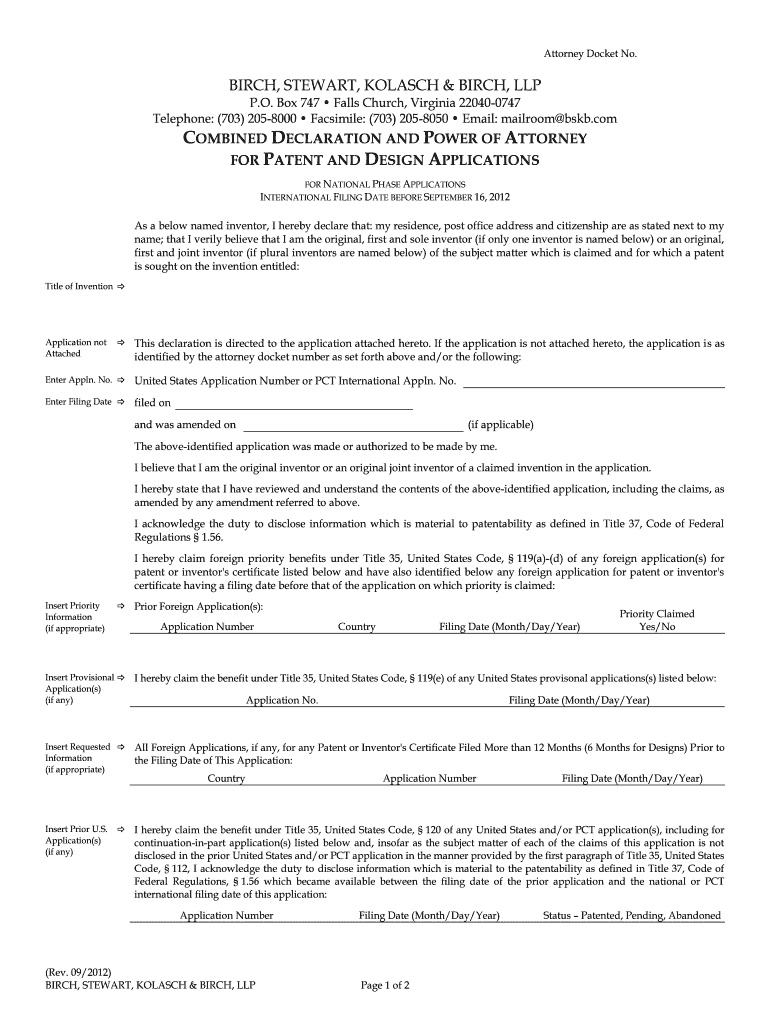 Fillable Online Combined Declaration and Power of Attorney for Patent ...