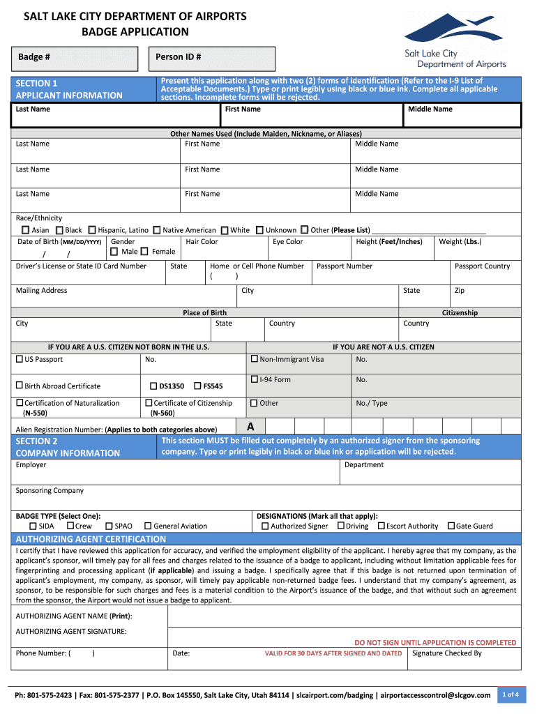 Fillable Online Initial Renewal Badge Application - Salt Lake ...