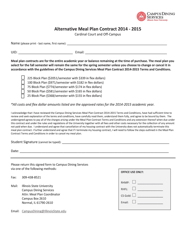 Fillable Online Alternative Meal Plan Contract 2014 - 2015 Fax Email ...