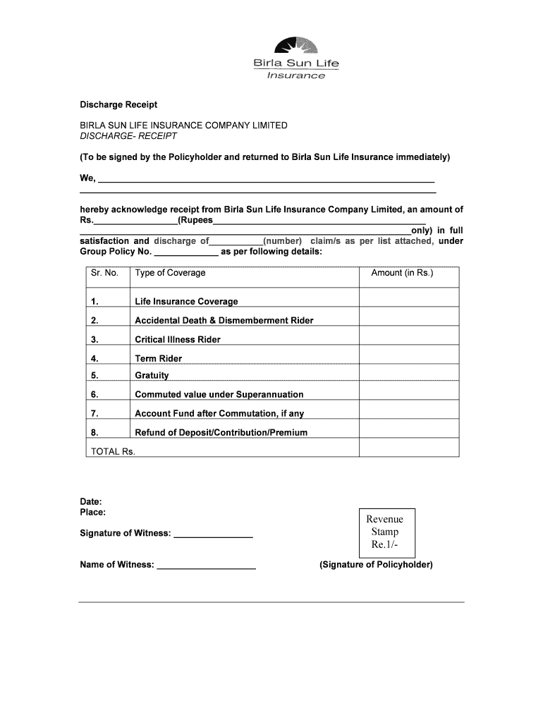 Fillable Online Discharge Receiptdoc Fax Email Print - pdfFiller