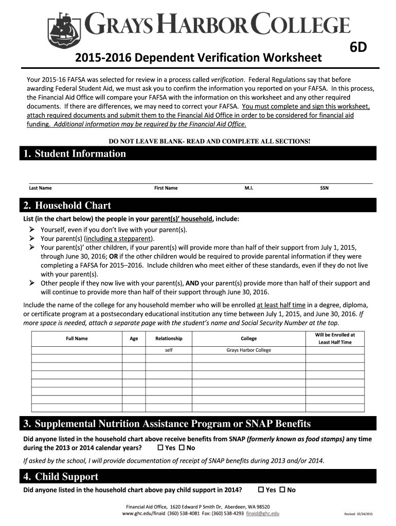 Fillable Online ghc 2015-b2016b Dependent Verification Worksheet - Grays Harbor College Fax ...