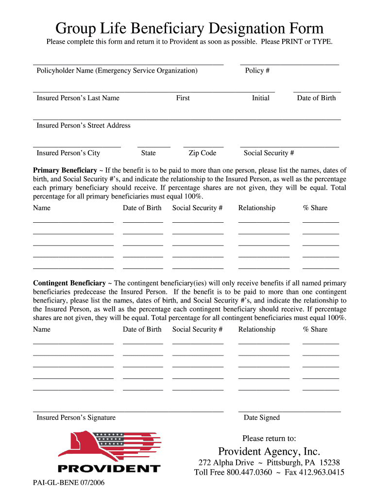 Fillable Online Group Life Beneficiary Designation Form - Provident Fax ...