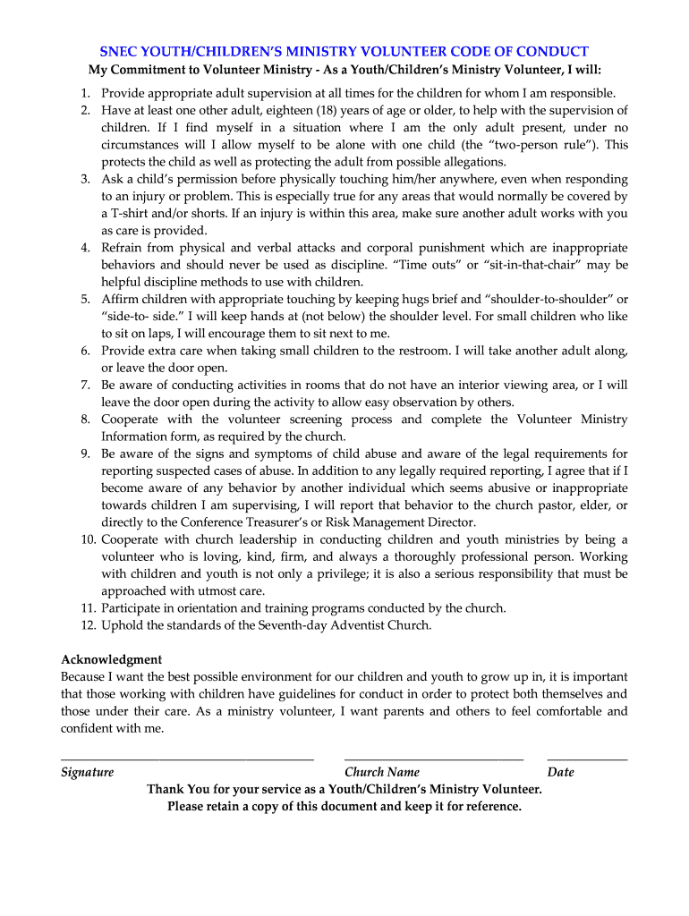 Fillable Online SNEC YOUTHCHILDRENS MINISTRY VOLUNTEER CODE OF CONDUCT ...