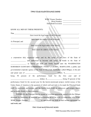 Fillable Online TWO YEAR MAINTENANCE BOND - Washington Suburban ...