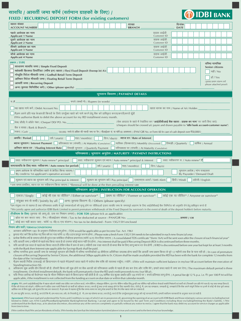 Fillable Online FIXED RECURRING DEPOSIT FORM (for existing customers ...