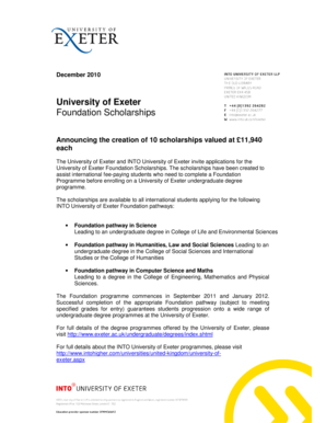 Fillable Online INTO University of Exeter Joint Foundation Scholarships announcement Dec 2010doc ...