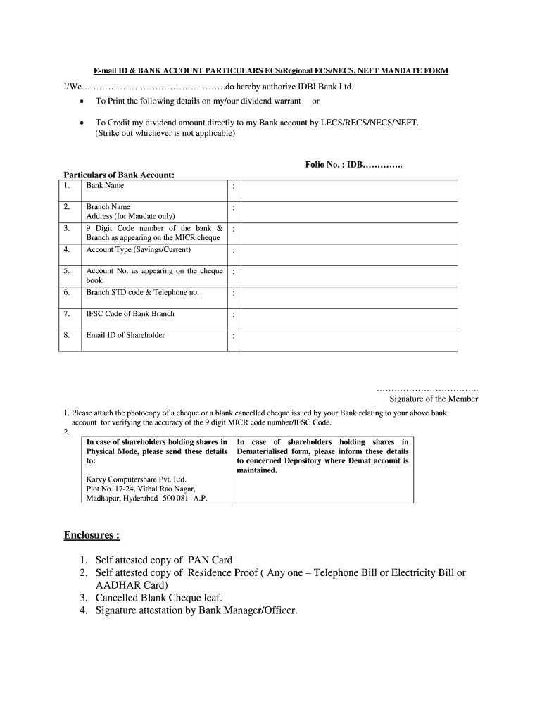 Fillable Online E-mail ID & BANK ACCOUNT PARTICULARS ECS/Regional ECS ...
