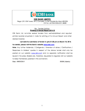 Fillable Online Re - Tender Notice Printing of Annual Report 2014-15 ...