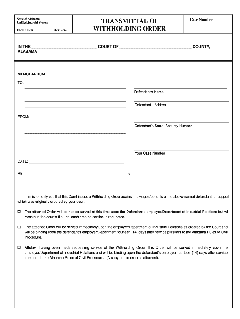 Fillable Online TRANSMITTAL OF WITHHOLDING ORDER - StateDivorce Fax ...