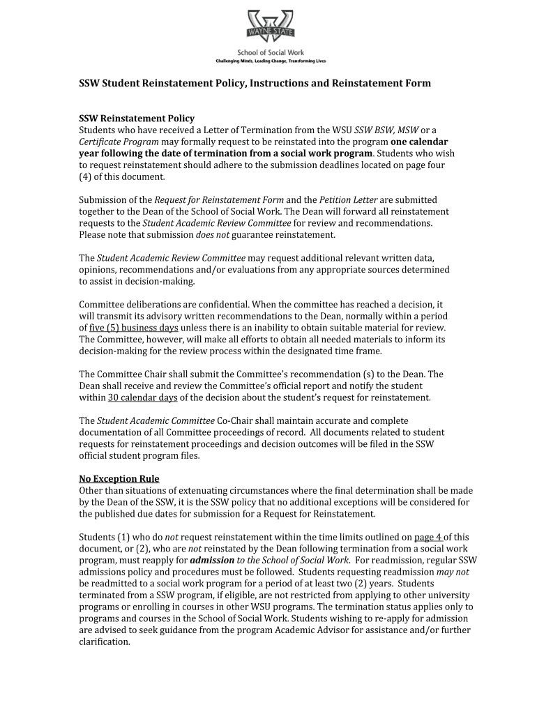 Fillable Online socialwork wayne SSW Student Reinstatement Policy ...