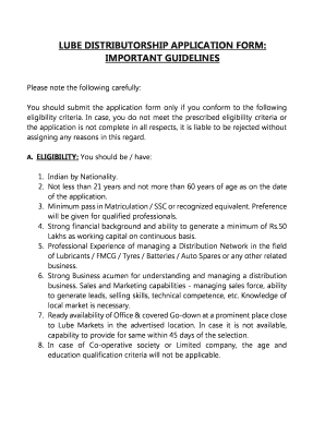 Fillable Online LUBE DISTRIBUTORSHIP APPLICATION FORM IMPORTANT ...
