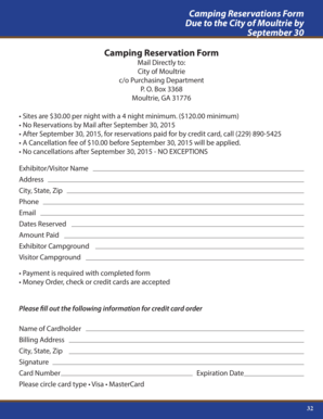 Fillable Online Camping Reservations Form Due to the City of Moultrie ...