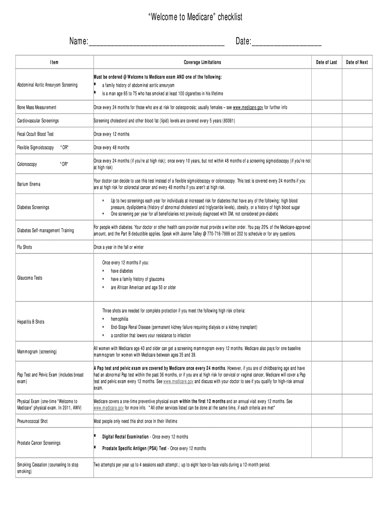 Fillable Online Welcome to Medicare checklist Name Date Fax Email Print ...