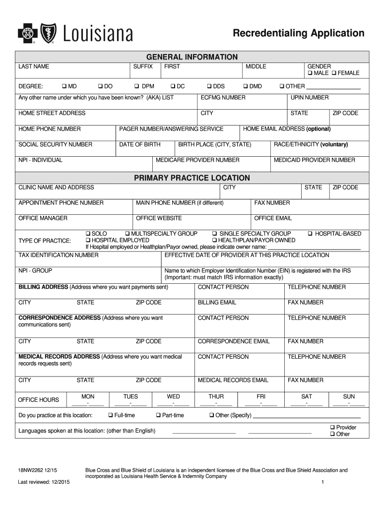 Fillable Online Recredentialing Application - bcbslacom Fax Email Print - pdfFiller