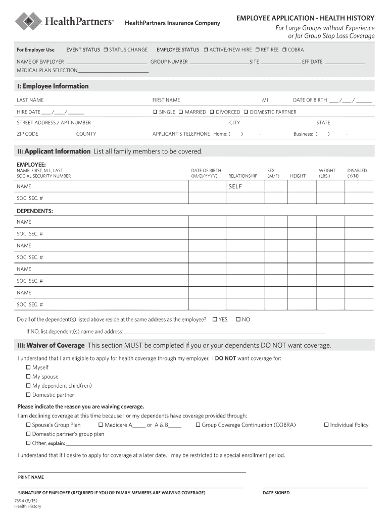 Fillable Online EMPLOYEE APPLICATION - HEALTH HISTORY HealthPartners ...