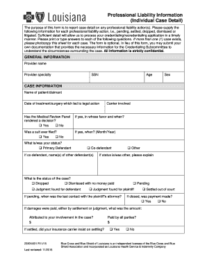 Fillable Online Professional Liability Information Individual Case ...