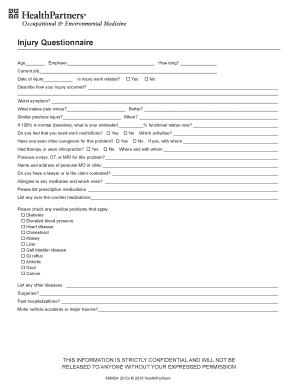 Fillable Online Injury Questionnaire - HealthPartners Fax Email Print ...