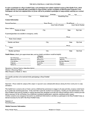Fillable Online THE HOYA FOOTBALL CAMP HEALTH FORM - ABC Sports Camps ...