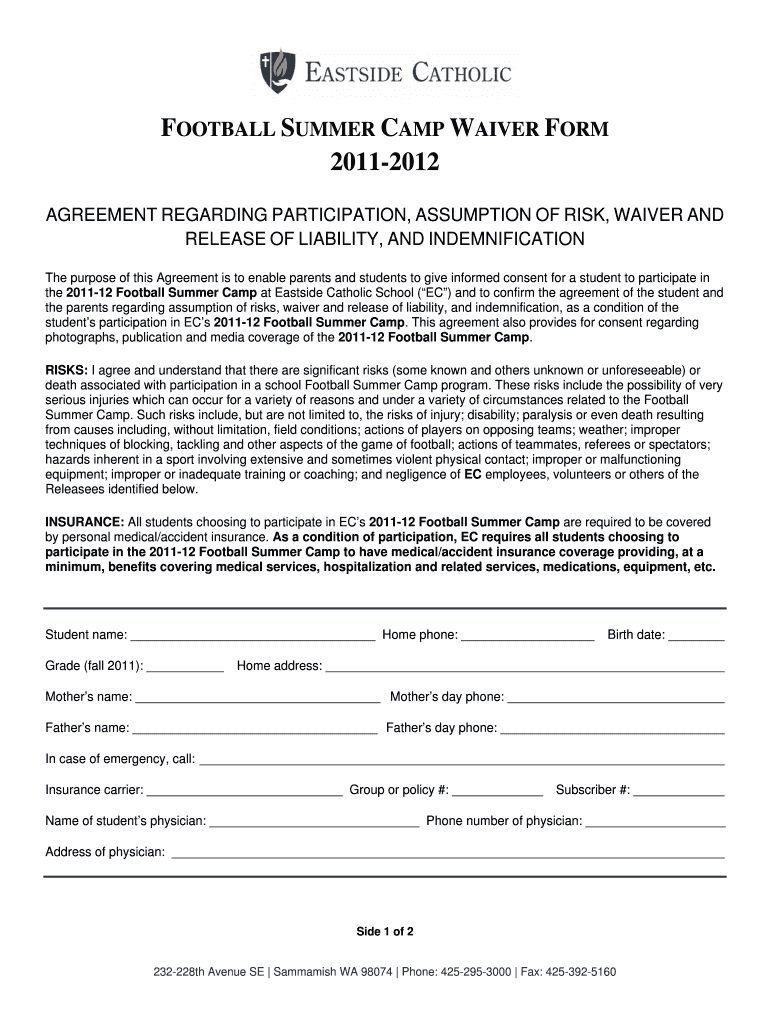Fillable Online 2011-12 Football Summer Camp Waiver Form Fax Email ...