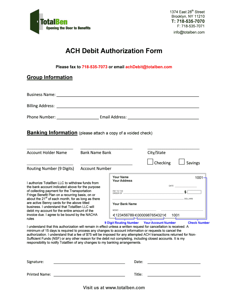 Fillable Online ACH Debit Authorization Form - TotalBen Fax Email Print ...
