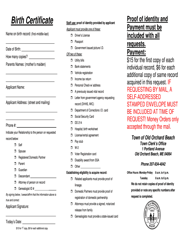 Fillable Online Birth Certificate - oobmainecom Fax Email Print - pdfFiller