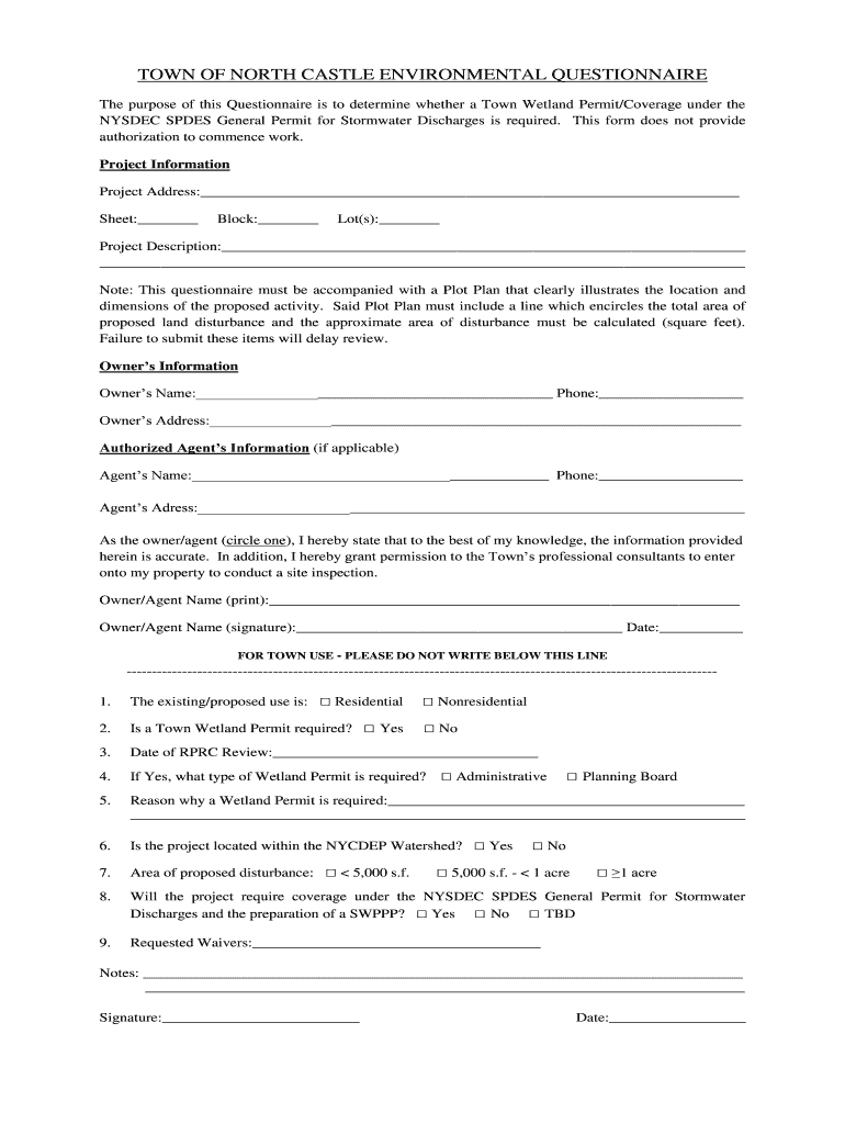 Fillable Online TOWN OF NORTH CASTLE ENVIRONMENTAL QUESTIONNAIRE Fax ...