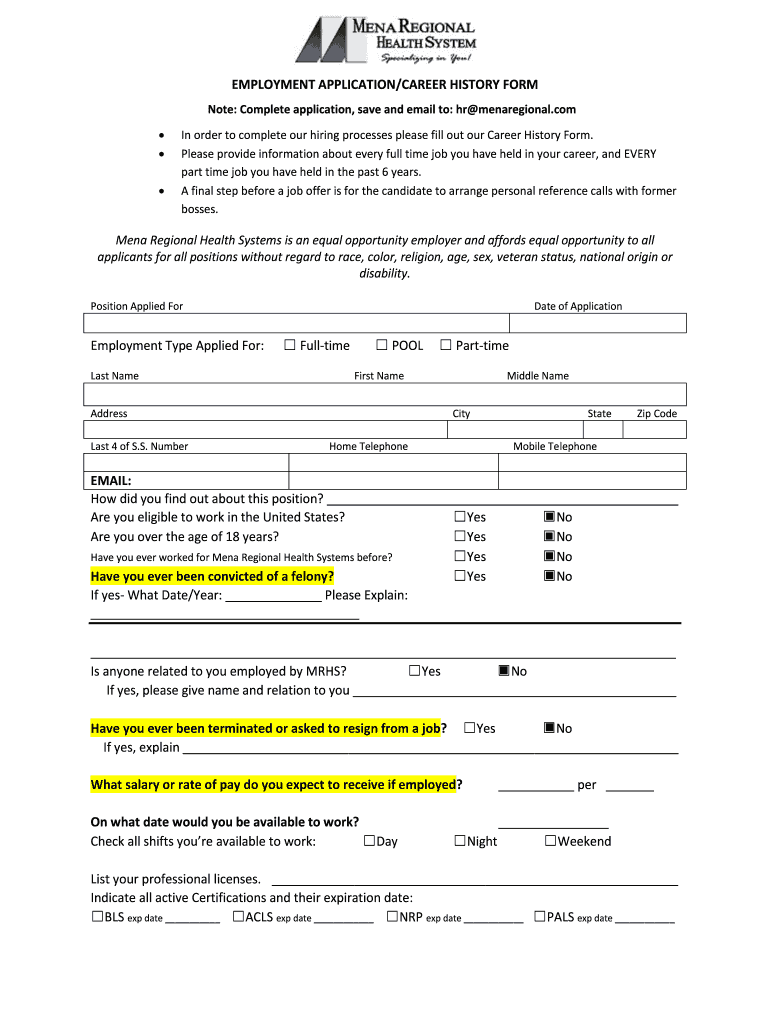 Fillable Online EMPLOYMENT APPLICATIONCAREER HISTORY FORM Fax Email ...