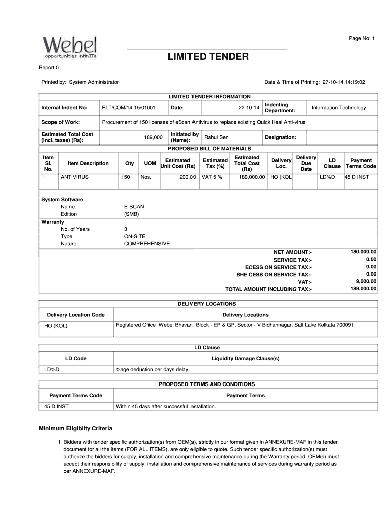 Fillable Online LIMITED TENDER - Webel Website Fax Email Print - pdfFiller