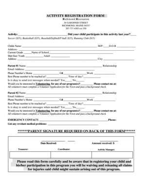 Fillable Online ACTIVITY REGISTRATION FORM - richmondmainecom Fax Email ...