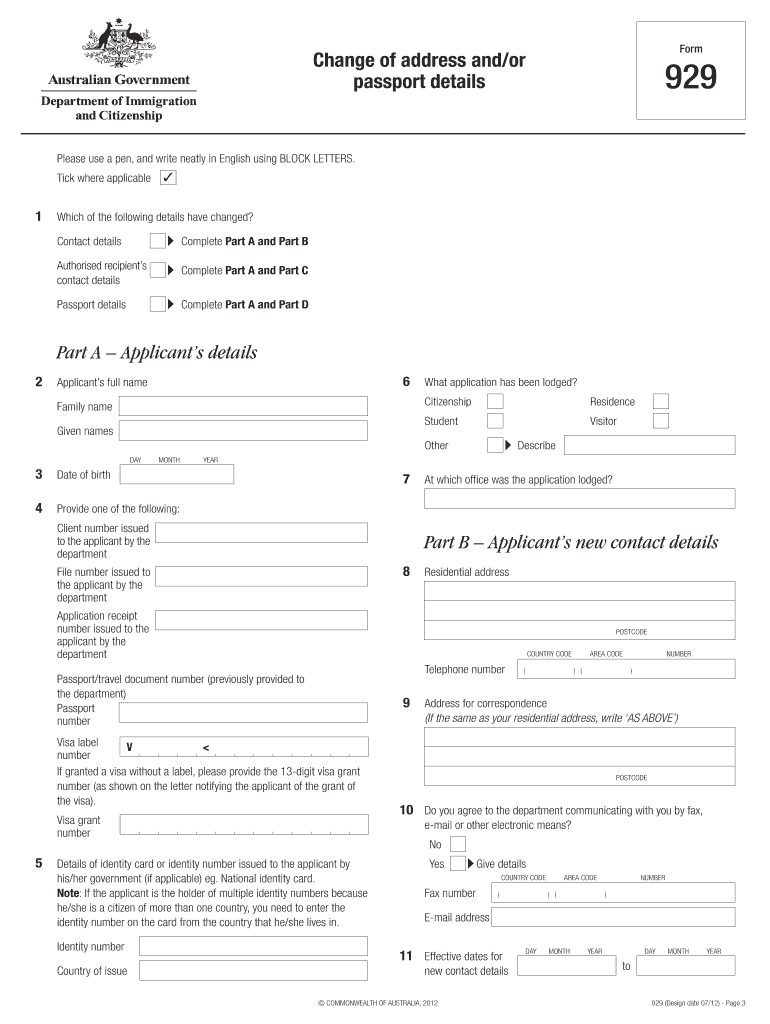 Fillable Online ausvisa 929 - Change of address andor passport details ...