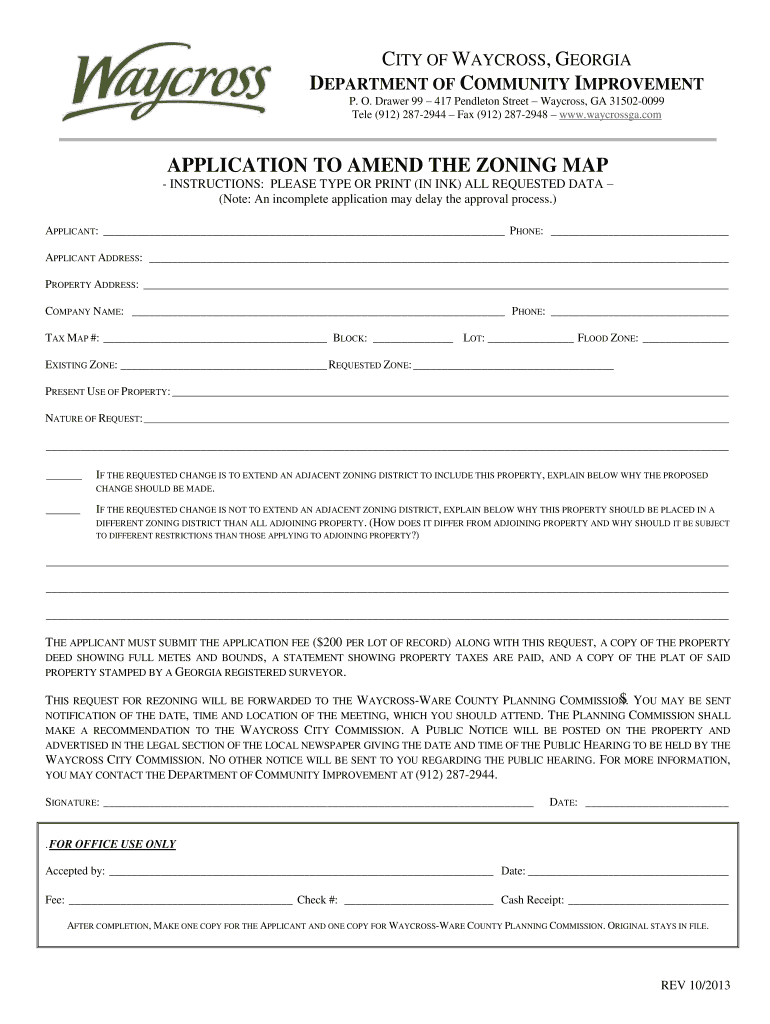 Fillable Online APPLICATION TO AMEND THE ZONING MAP - City of Waycross ...