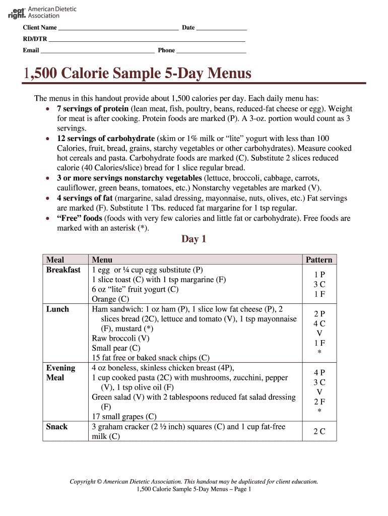 Fillable Online 1500Calorie Sample 5-Day Menus FINAL Fax Email Print ...