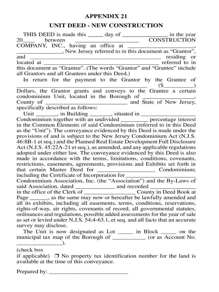Fillable Online APPENDIX 21 UNIT DEED - NEW CONSTRUCTION Fax Email ...