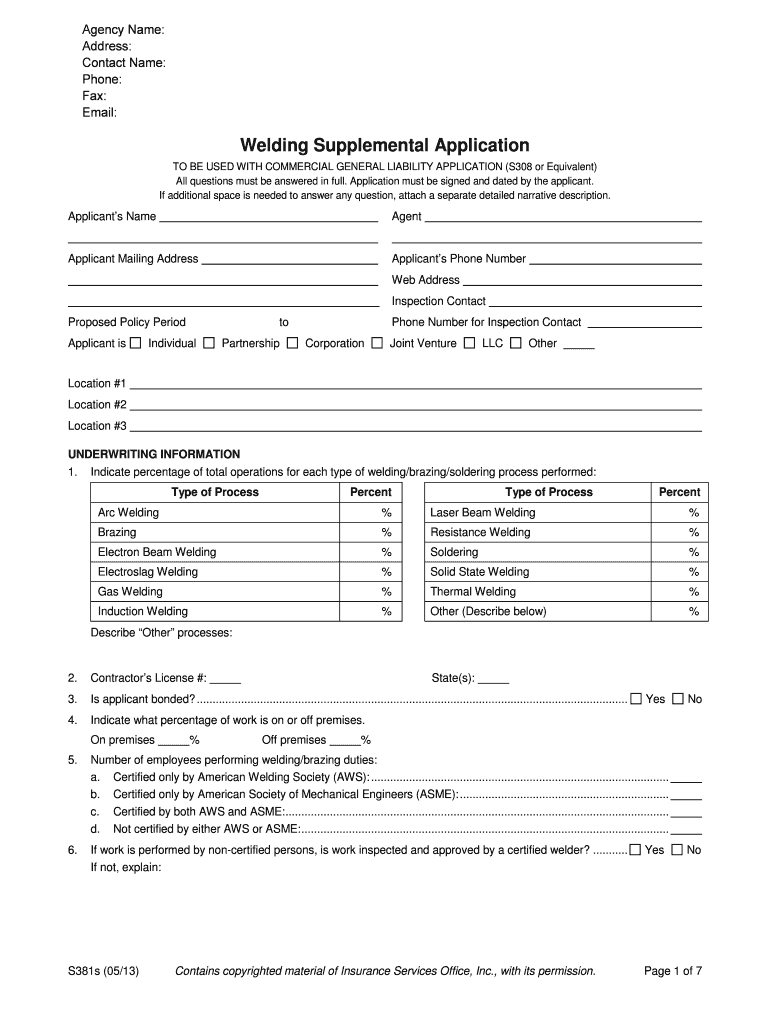 Fillable Online Welding Supplemental Application - ciusgfcom Fax Email ...