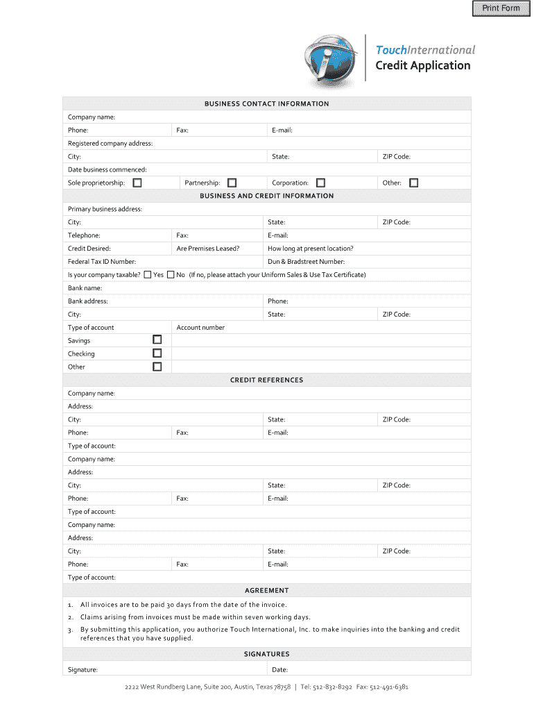 Fillable Online TouchInternational Credit Application Fax Email Print ...