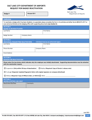 Fillable Online SALT LAKE CITY DEPARTMENT OF AIRPORTS REQUEST FOR BADGE ...