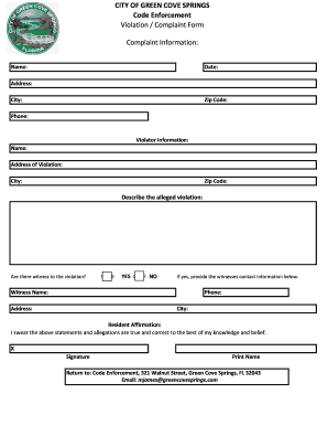 Fillable Online Violation Complaint Form - greencovespringscom Fax ...