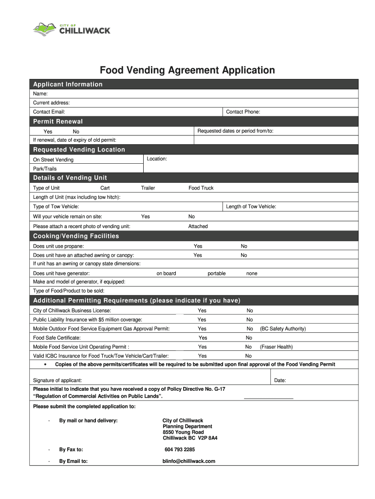 Fillable Online Food Vending Agreement Application - Chilliwack Fax ...