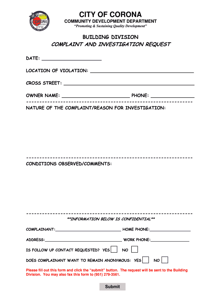 Fillable Online Complaint and Investigation Form Fax Email Print ...