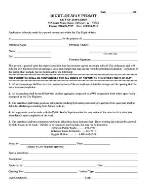 Fillable Online Date 20 RIGHT-OF-WAY PERMIT - jeffersonwiscom Fax Email ...