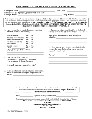 Fillable Online PSYCHOLOGICALNERVOUS DISORDER QUESTIONNAIRE Fax Email ...