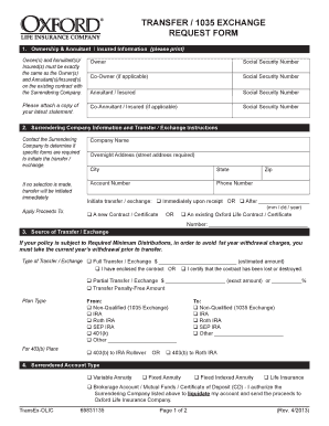 Fillable Online TRANSFER 1035 EXCHANGE REQUEST FORM Fax Email Print ...