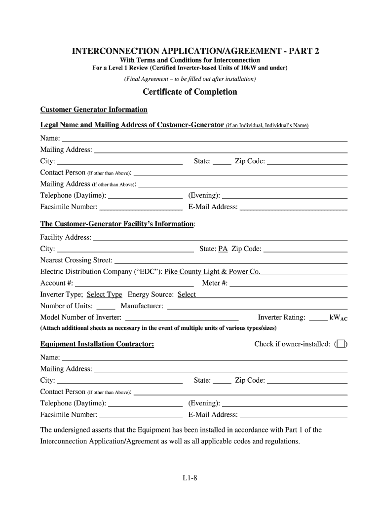 Fillable Online Distributed Generation for Pennsylvania - Level One ...