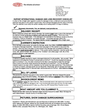 Fillable Online DUPONT INTERNATIONAL DAMAGE AND LOSS RECOVERY CHECKLIST ...