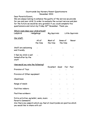 Fillable Online Countryside Day Nursery Parent Questionnaire Fax Email ...