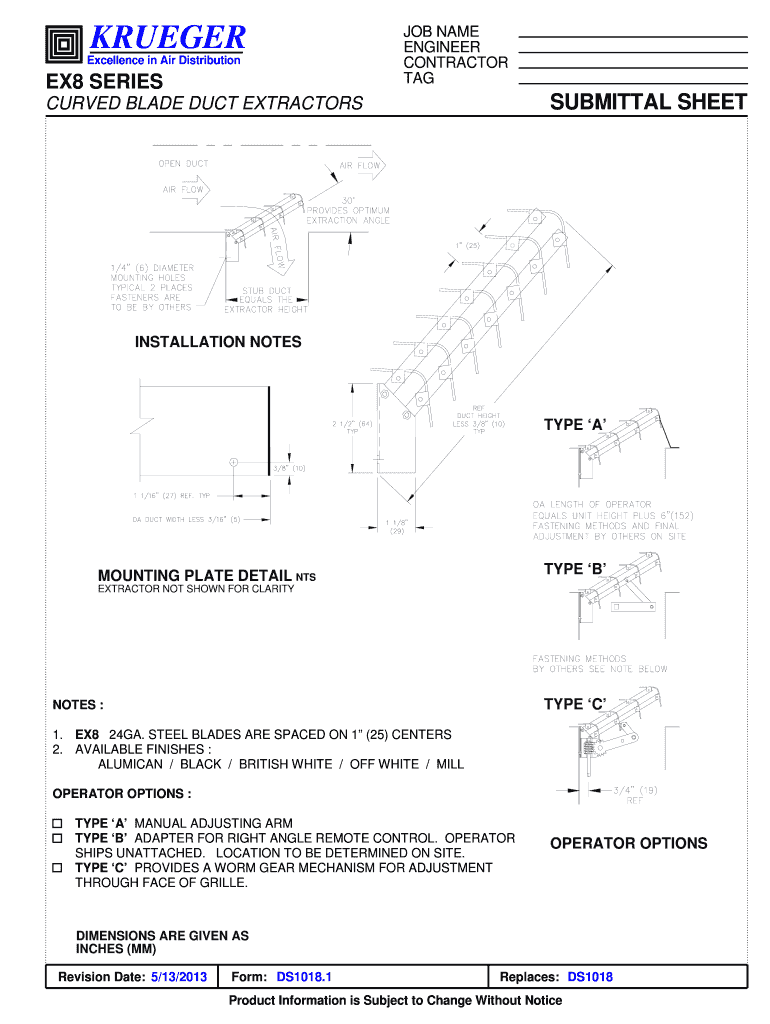Fillable Online KRUEGER Excellence in Air Distribution EX8 SERIES JOB NAME ENGINEER CONTRACTOR ...