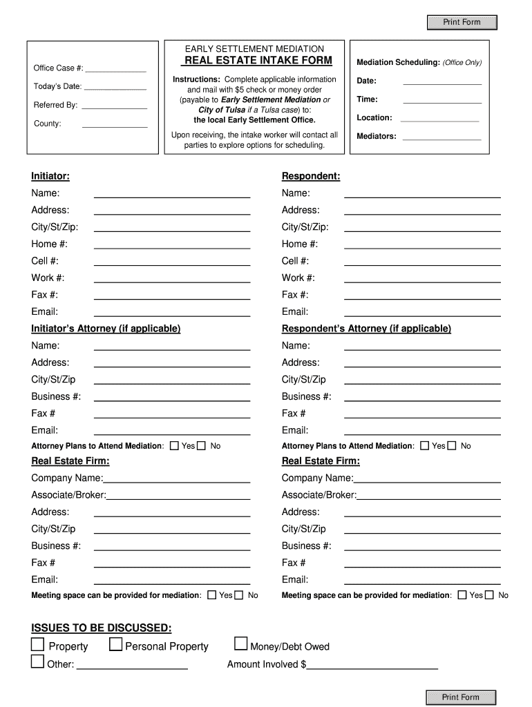 Fillable Online okcmar Early Settlement Mediation Intake bFormb Fax ...