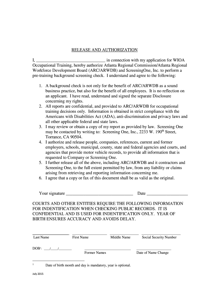 Fillable Online RELEASE AND AUTHORIZATION - Atlanta Regional Commission ...